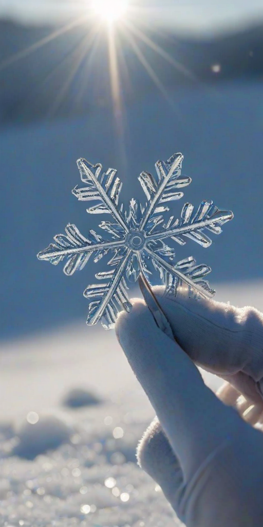 Delicate Snowflake Captured in Hand Against a Glowing Winter Sunlight