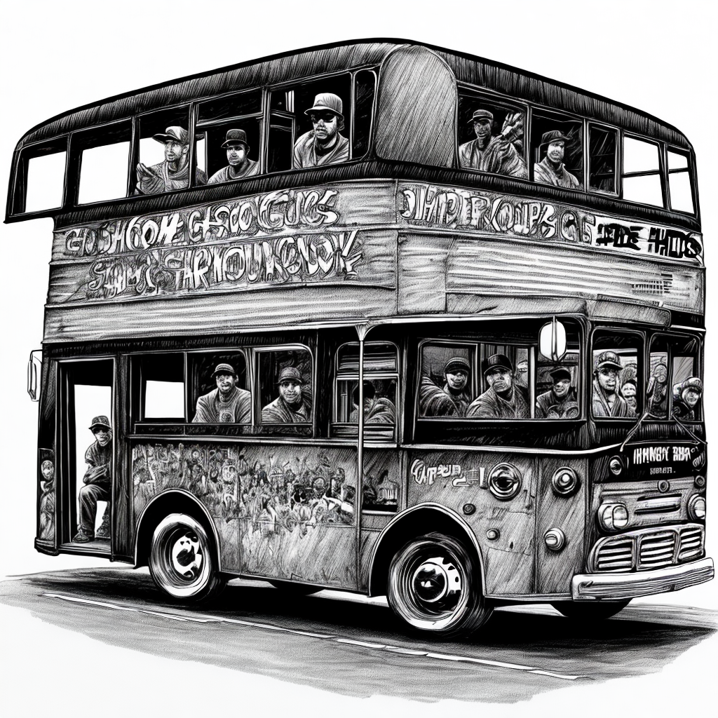 THE hip hop BUS on the street. COMIC BOOK. SKETCH STYLE. BLACK AND WHITE.