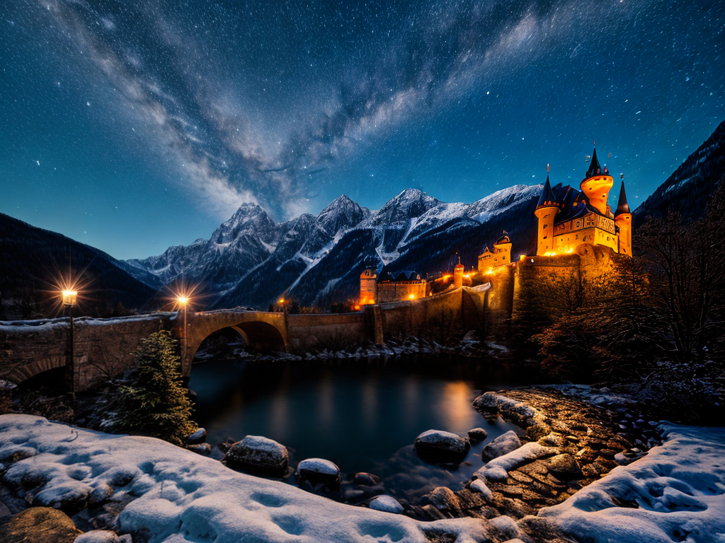 german castle, night sky, snow, alps, rocky stream, stone bridge ...