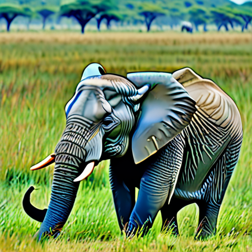 Um elefante azul defecando na savana