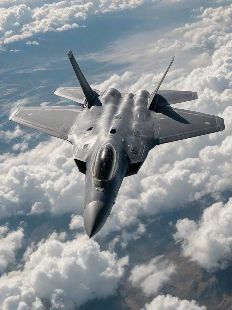 Futuristic Jet Soaring Above Fluffy White Clouds in Clear Blue Sky