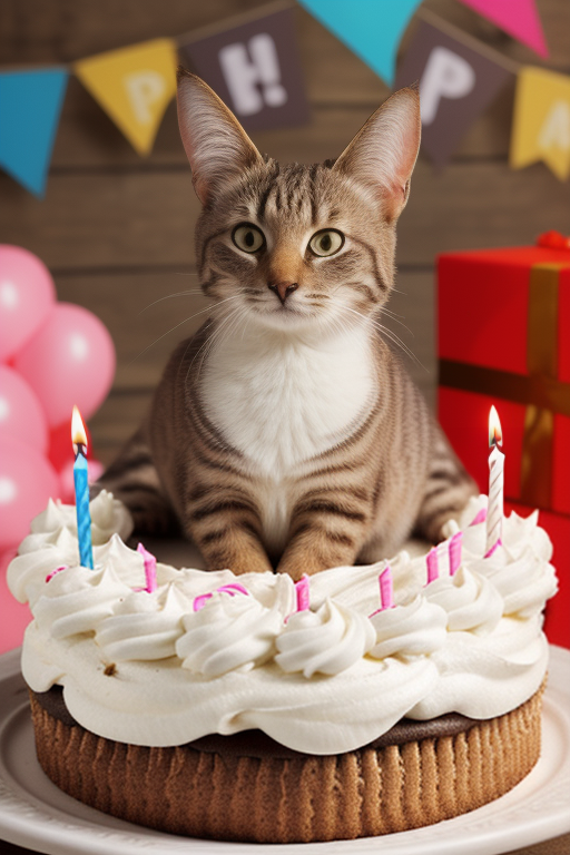 Adorable Cat Celebrating Birthday on a Delicious Cake with Colorful Candles