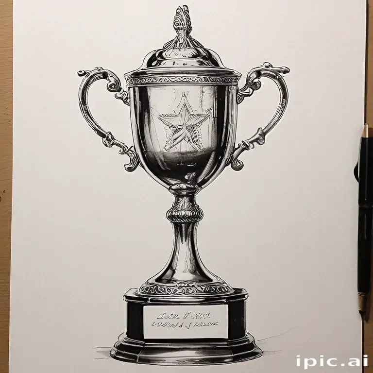 Intricate Drawing of a Silver Trophy with Decorative Elements and Star