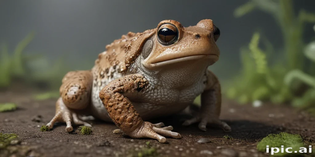 Close-Up of a Realistic Brown Toad Amidst Lush Greenery and Soil