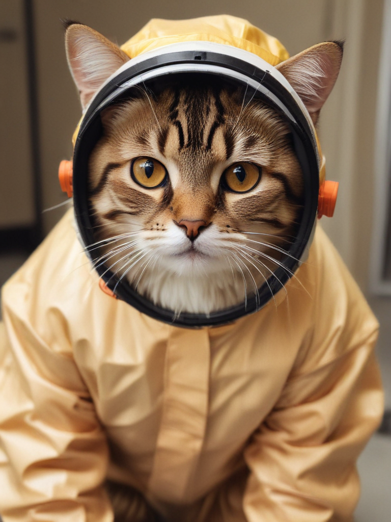 a brown tabby cat in hazmat gear