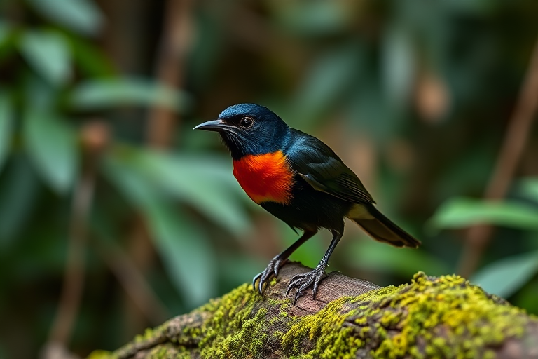 Capture a close-up image of a black bird with an orange chest perched ...