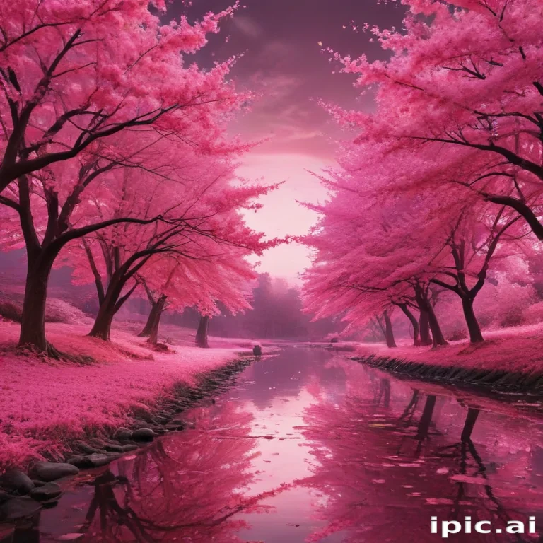 Enchanting Pink Cherry Blossom Trees Reflecting in a Serene River Landscape