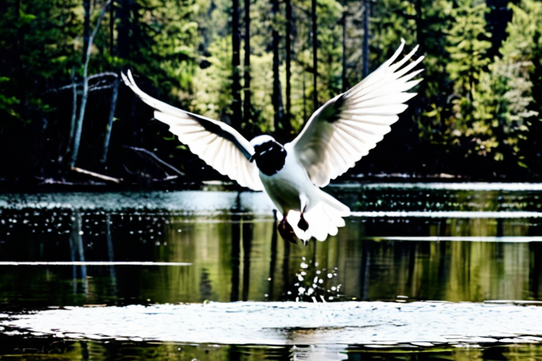 white and black bird humanoid levitating vertically with wings closed ...