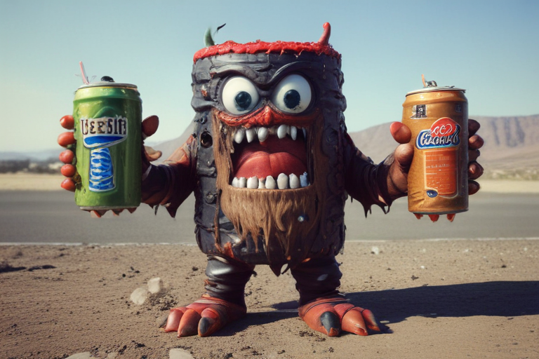 monster made of trash like cans of coke and food