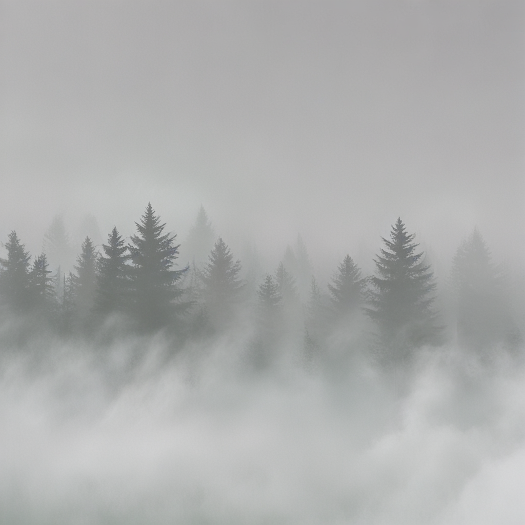 Mysterious Misty Forest Scene with Tall Pines Shrouded in Fog