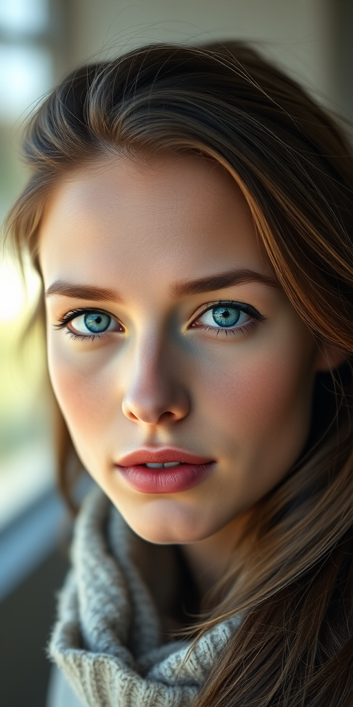 A Close-Up Portrait of a Young Woman with Striking Blue Eyes.