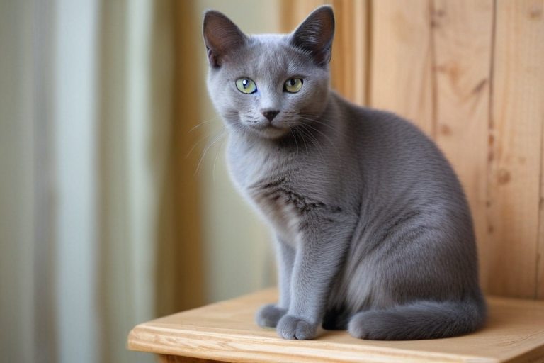 A Charming Gray Cat Sitting Gracefully on a Wooden Surface.