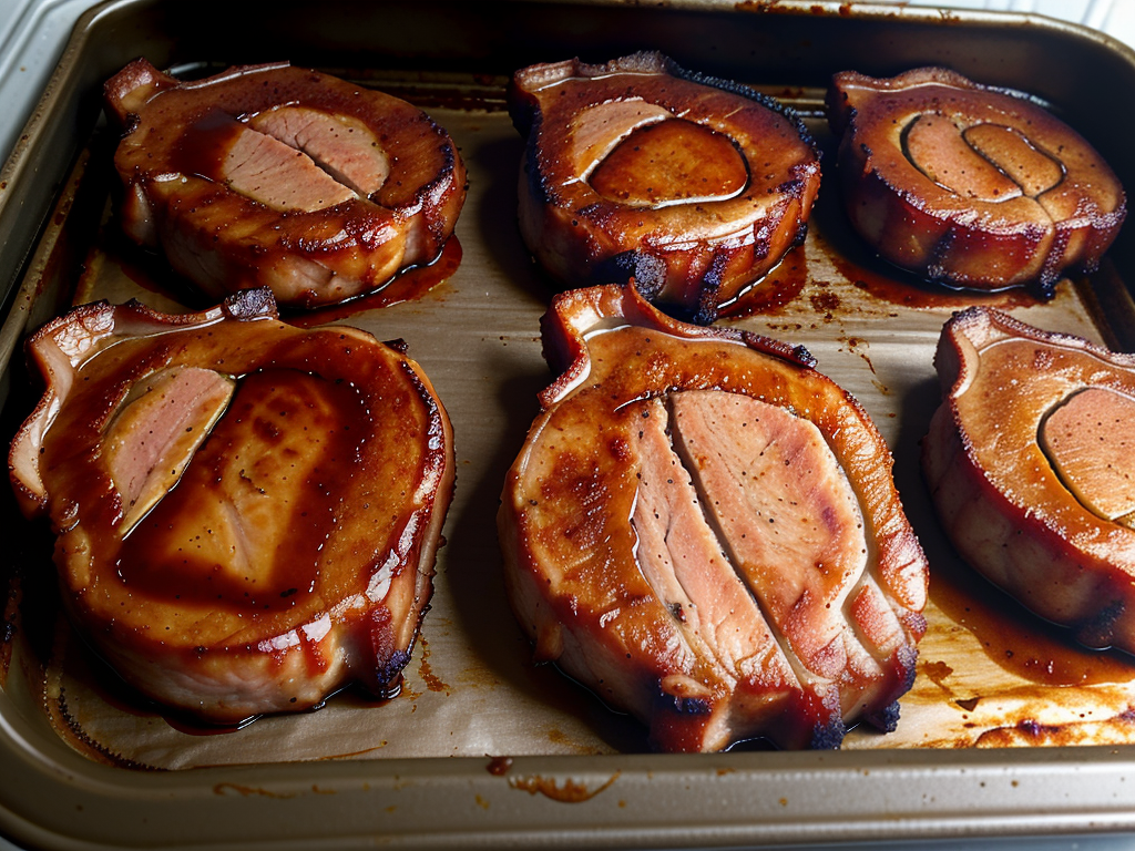 Sizzling Pork Chops Glazed with Sweet Marinade in a Baking Tray.
