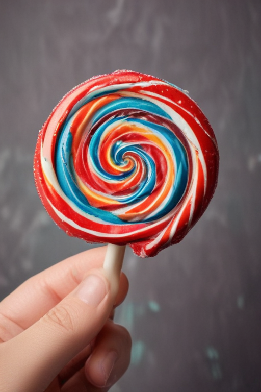 A Colorful Swirl Lollipop Held by a Hand Against a Background.