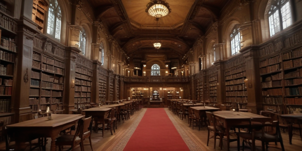 Elegant Library Interior with Rows of Books and Wooden Tables