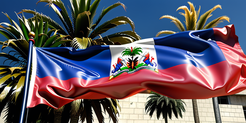 Vibrant Haitian Flag Waving Gracefully Among Lush Tropical Palm Trees