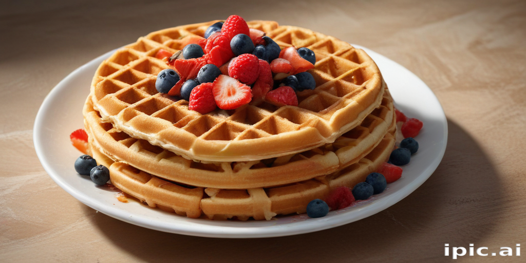 Delicious Stack of Waffles Topped with Fresh Berries and Maple Syrup