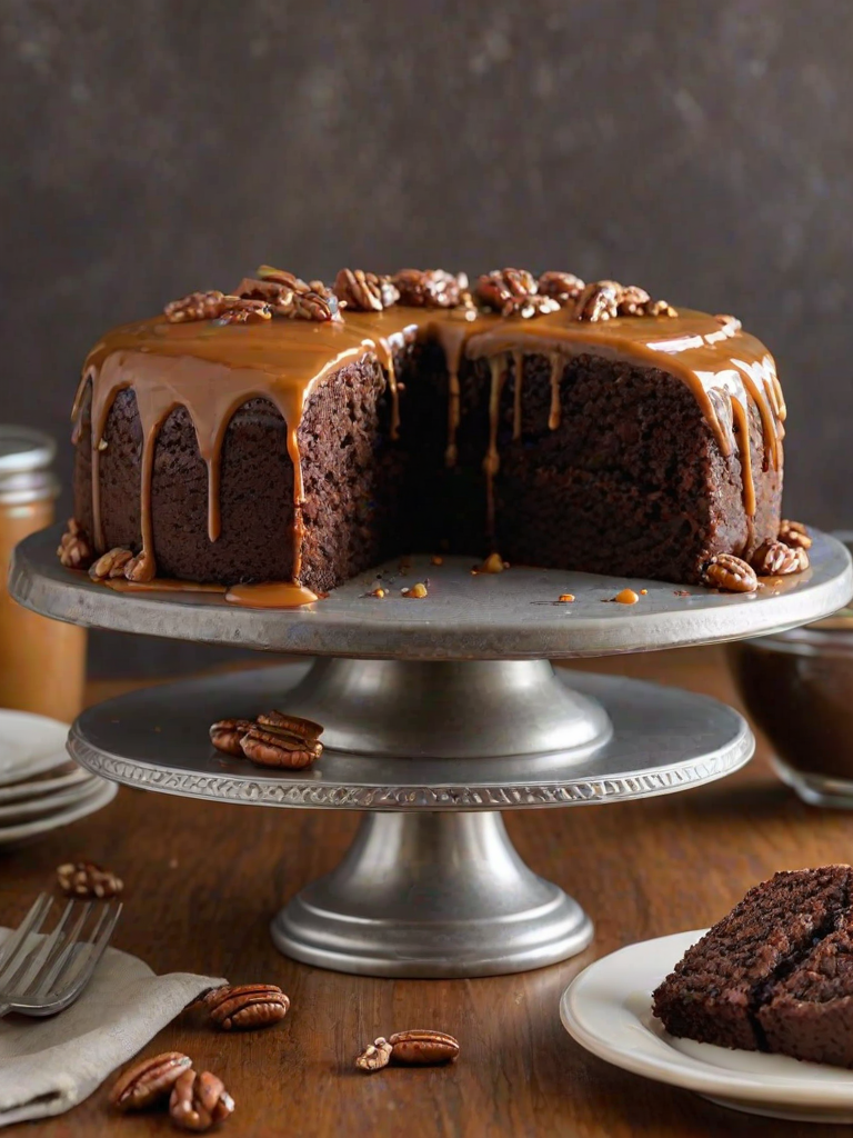 Decadent Chocolate Cake Topped with Caramel Drizzle and Pecans Delight.