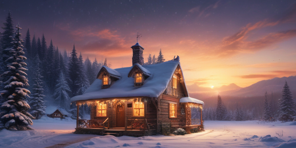 A Cozy Snow-Covered Cabin Illuminated by Warm Lights at Sunset.