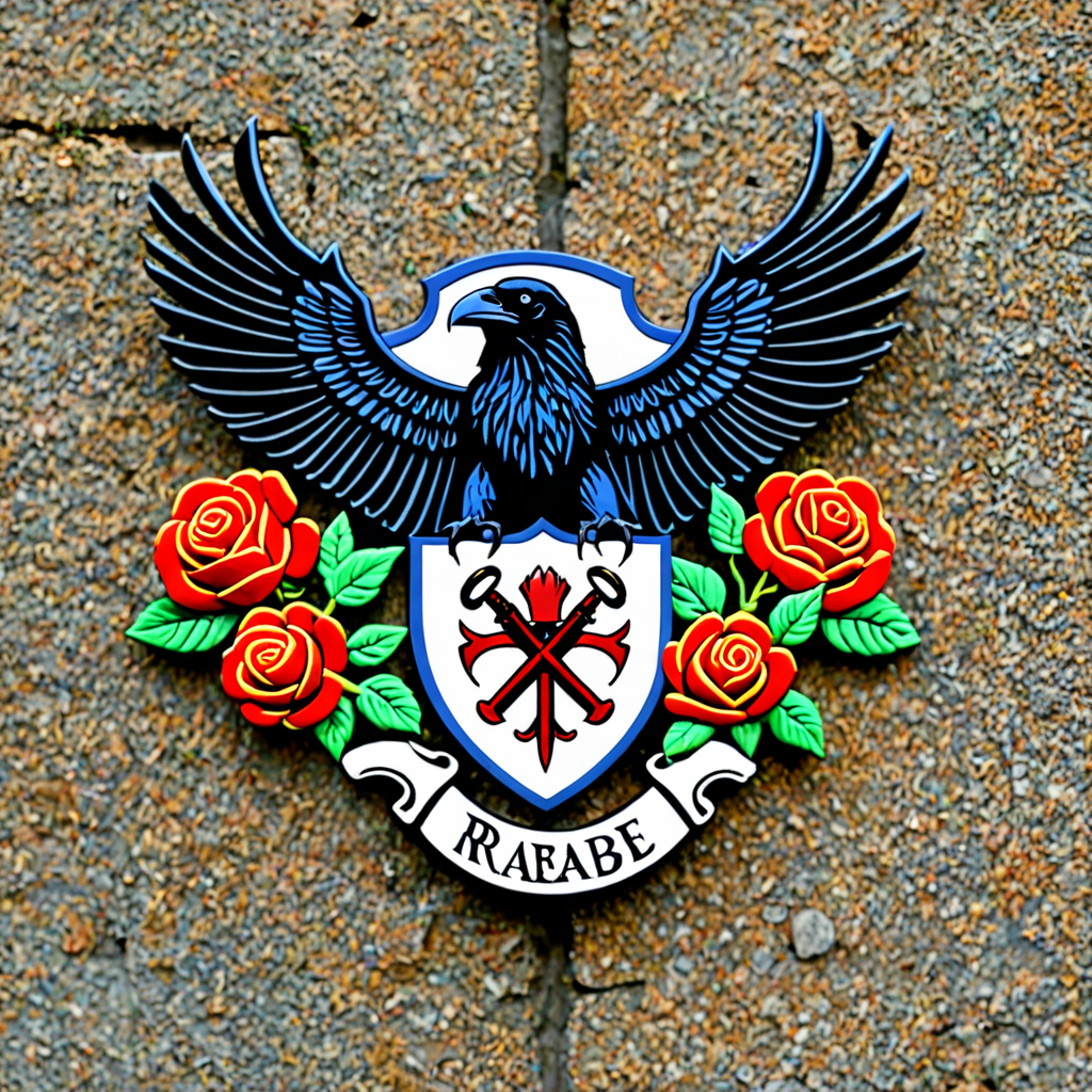 coat of arms, 1 raven, 3 roses, 2 swords designed as a patch, on a wall ...