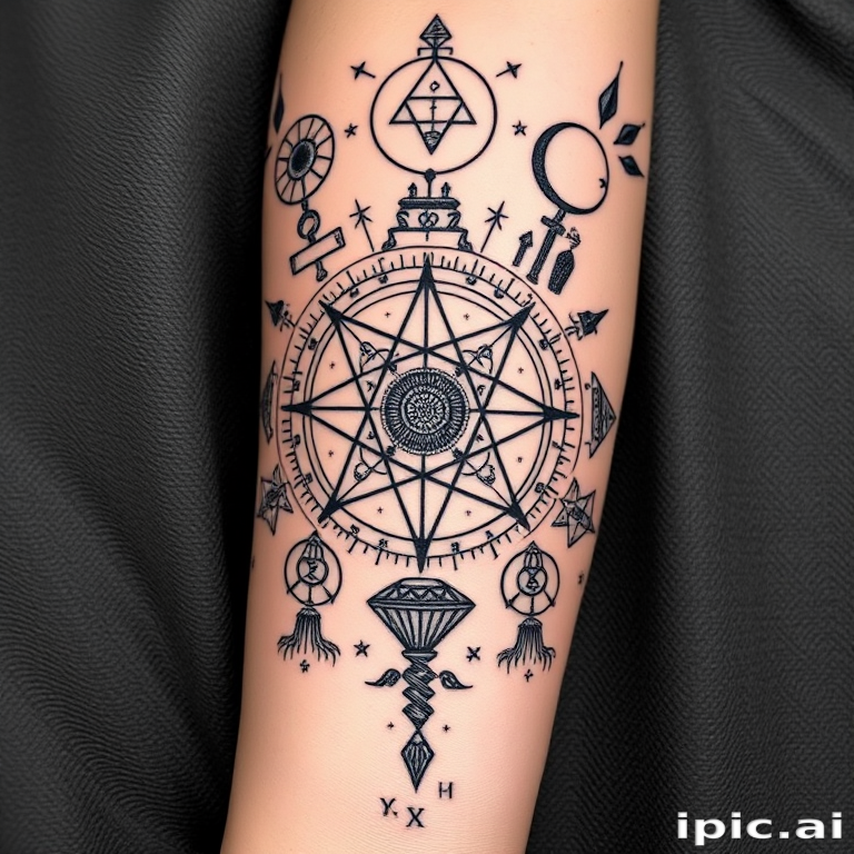 Intricate Black Line Tattoo Featuring Geometric Shapes and Mystical Symbols