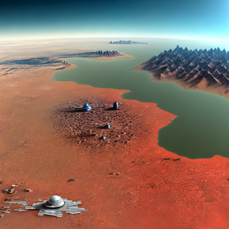 advanced human civilization, Mars like planet, semi-aerial view, busy ...