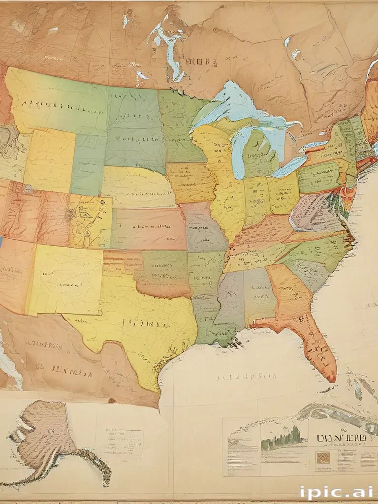 Historical Map of the United States Highlighting State Borders and Regions