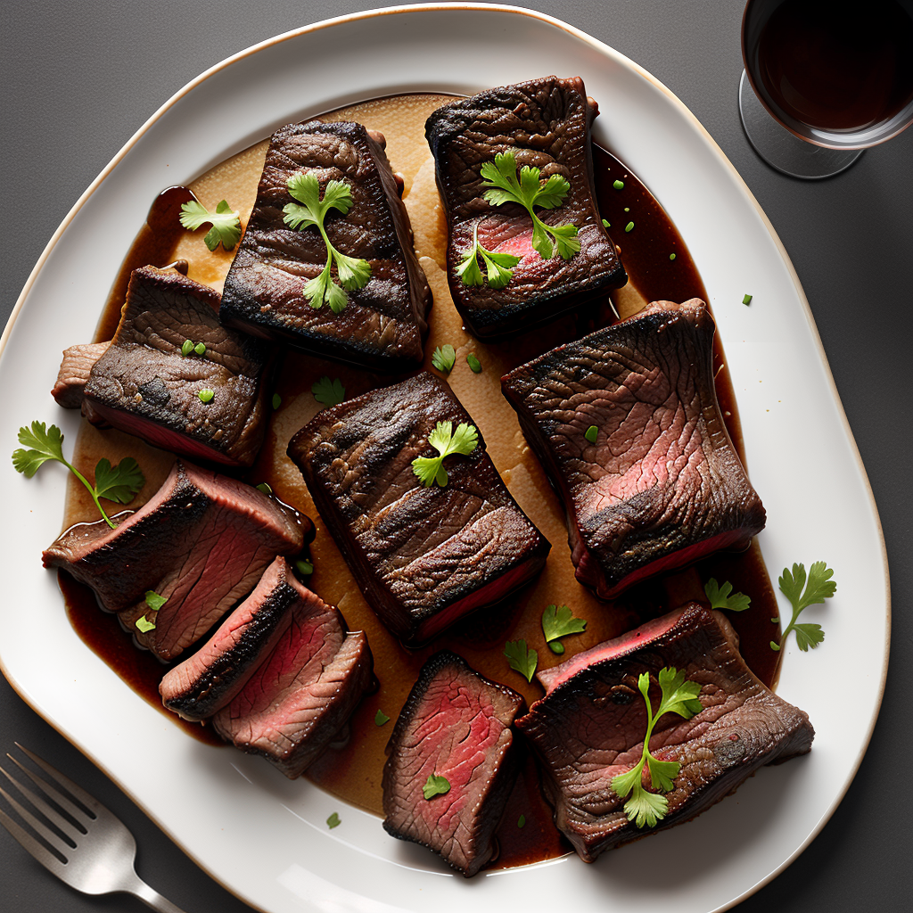 Succulent Beef Cuts Glazed in Rich Sauce, Garnished with Fresh Herbs