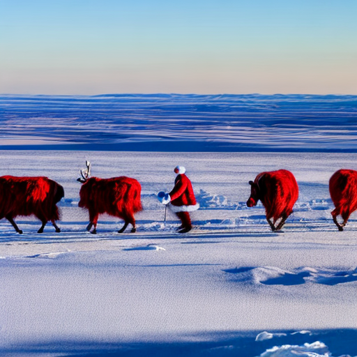 santa with elves and reindeer exercise in freezing north pole