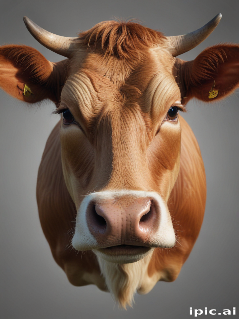 A Close-Up Portrait of a Curious Brown Cow with Beautiful Features.