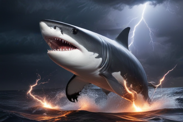 shark fighting orca with lightning in background