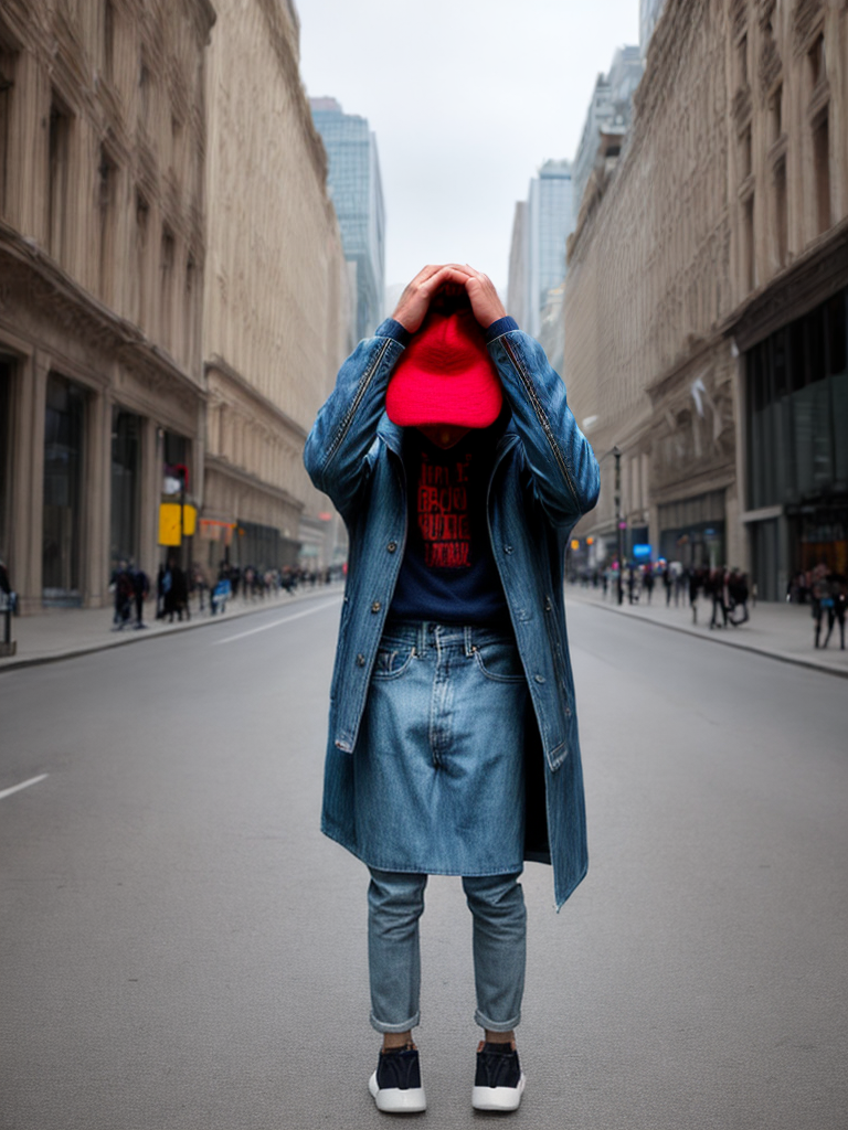 person in Louis Vuitton jacket with hands on head, back