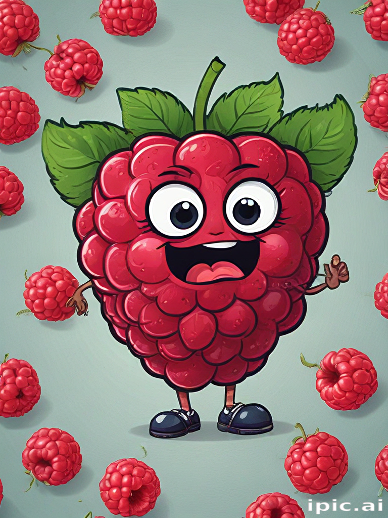 Cheerful Cartoon Raspberry Character Surrounded by Fresh Raspberries on ...