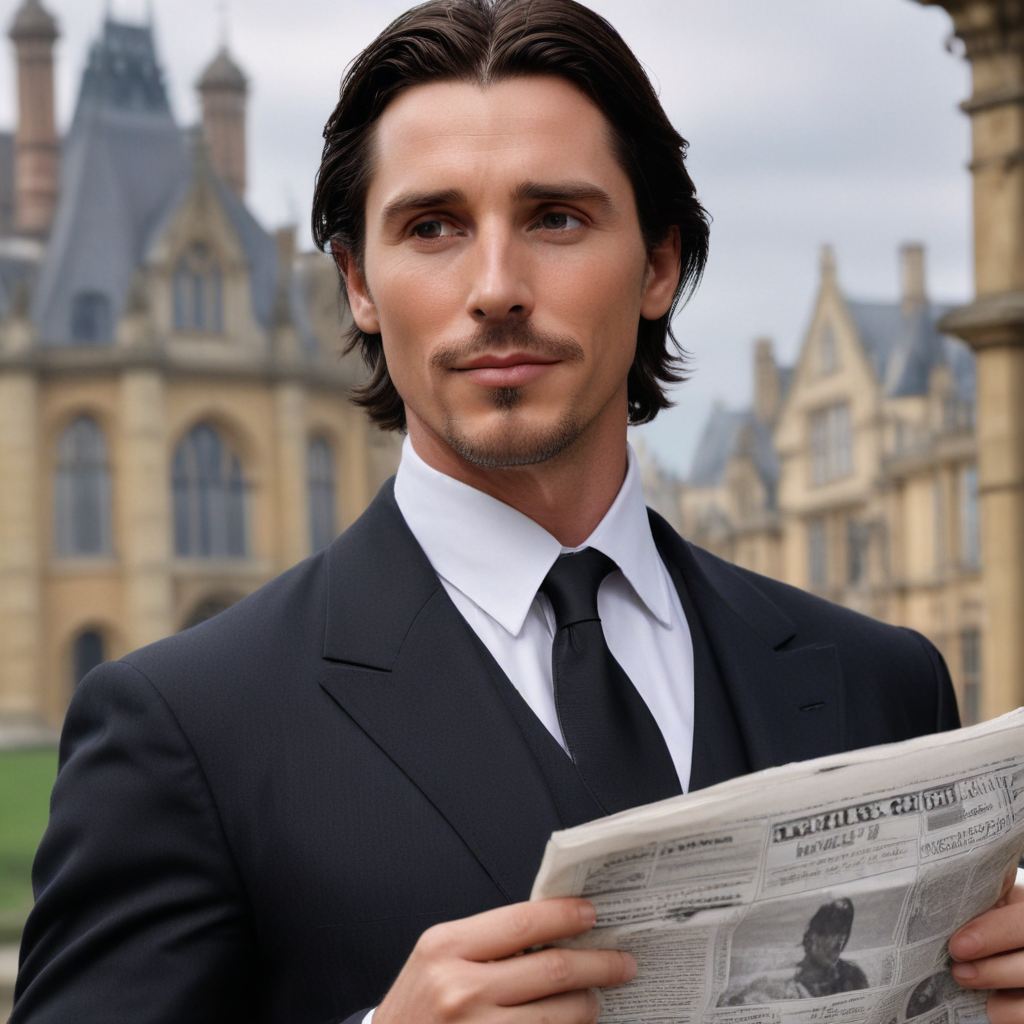 Christian Bale as bruce wayne in tuxedo, muscle, with a newspaper and ...
