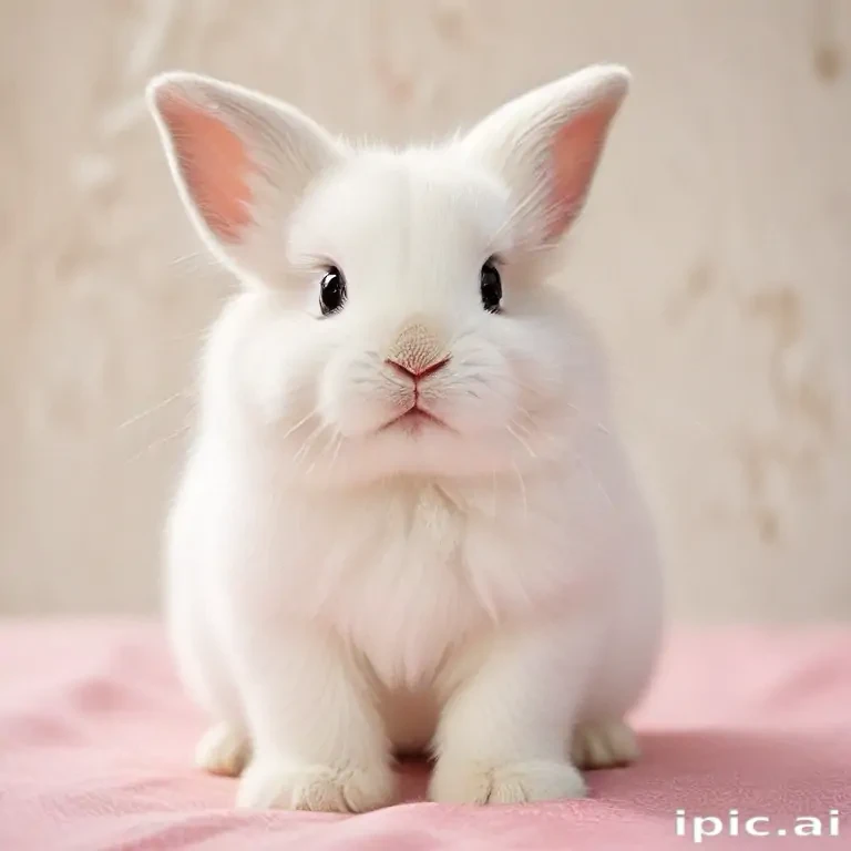 A Cute and Fluffy White Bunny Sitting on a Soft Pink Surface.