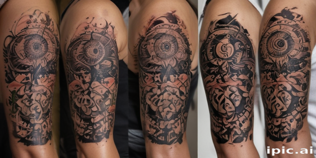 Intricate Black and Gray Sleeve Tattoo Featuring Abstract Designs and ...