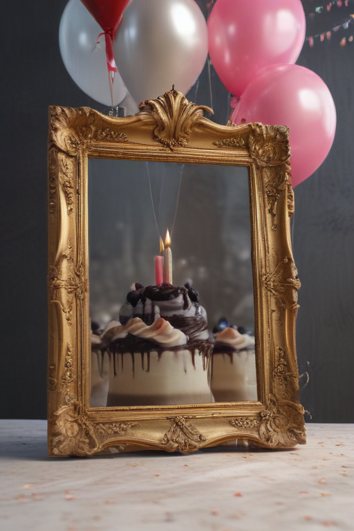 Elegant Golden Frame Reflecting a Delicious Birthday Cake with Balloons