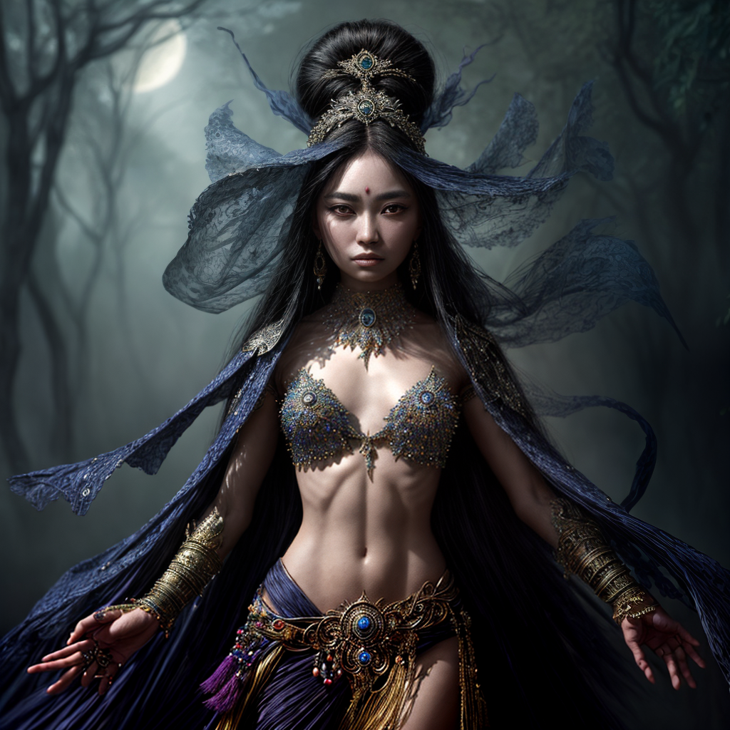 wide angle long shot of a skimpy gypsy witch, lots of trinket and jewelry, dark mood, mystical ...