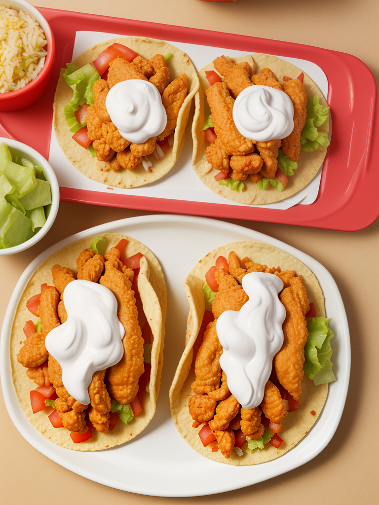 Deliciously Crunchy Chicken Tacos with Fresh Vegetables and Creamy Topping.