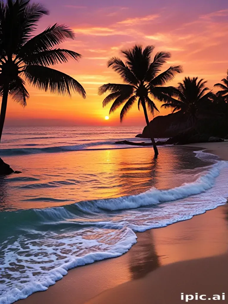 Serene Sunset Over Tranquil Beach with Palm Trees and Gentle Waves