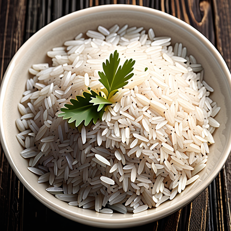 A Bowl of Freshly Polished Rice Garnished with Green Herb Leaves.