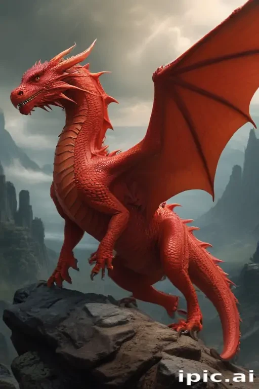 Majestic Red Dragon Perched on Rocky Summit Against Dramatic Landscape