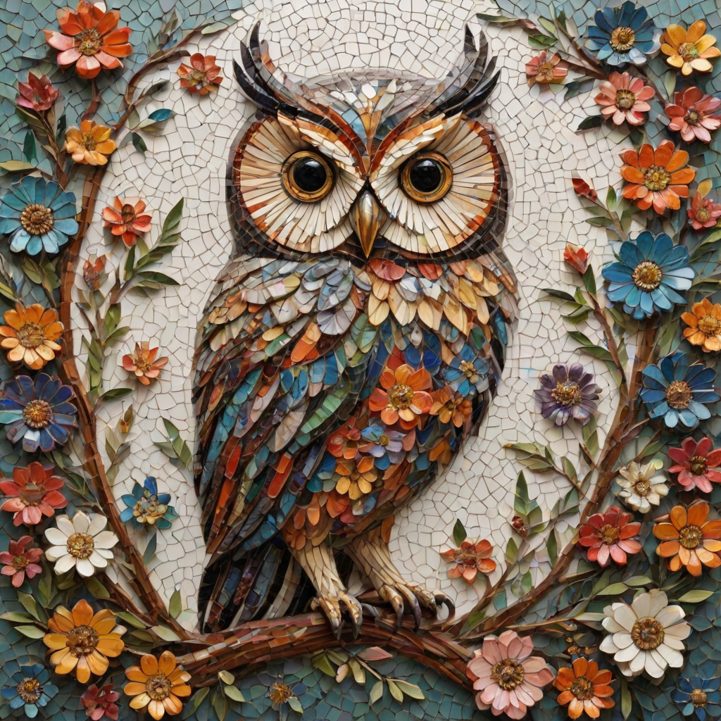 Colorful Mosaic Artwork of an Owl Surrounded by Vibrant Floral Patterns