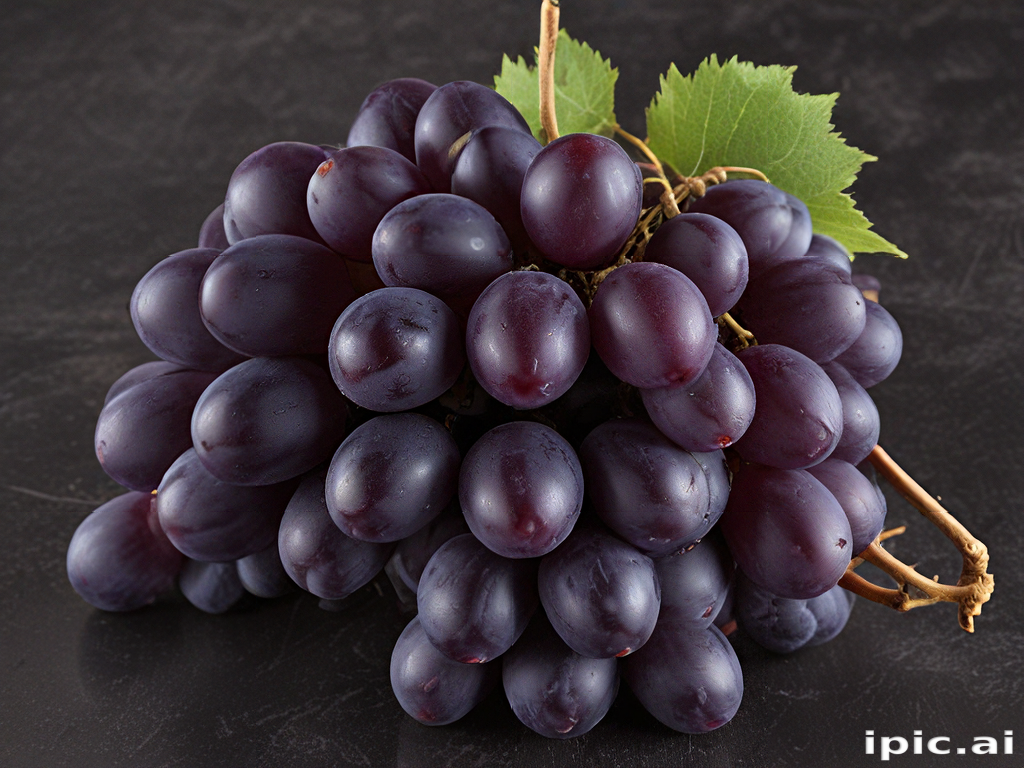 Freshly Harvested Dark Purple Grapes with Lush Green Leaves on Display