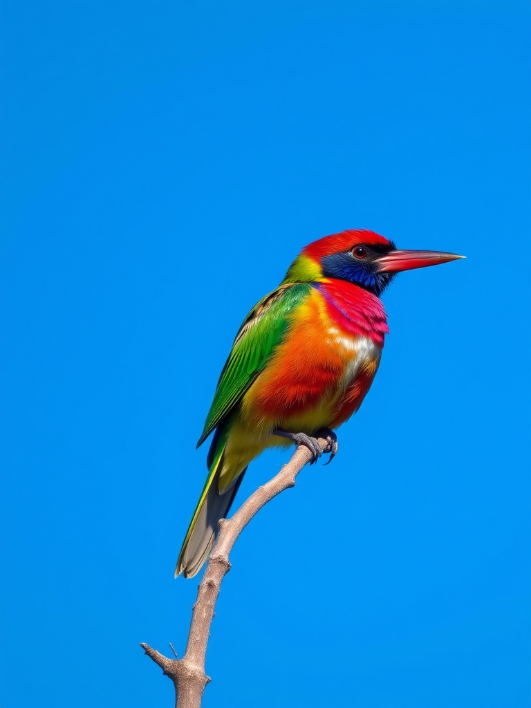 A vibrant bird perched on a branch with a clear blue sky background ...