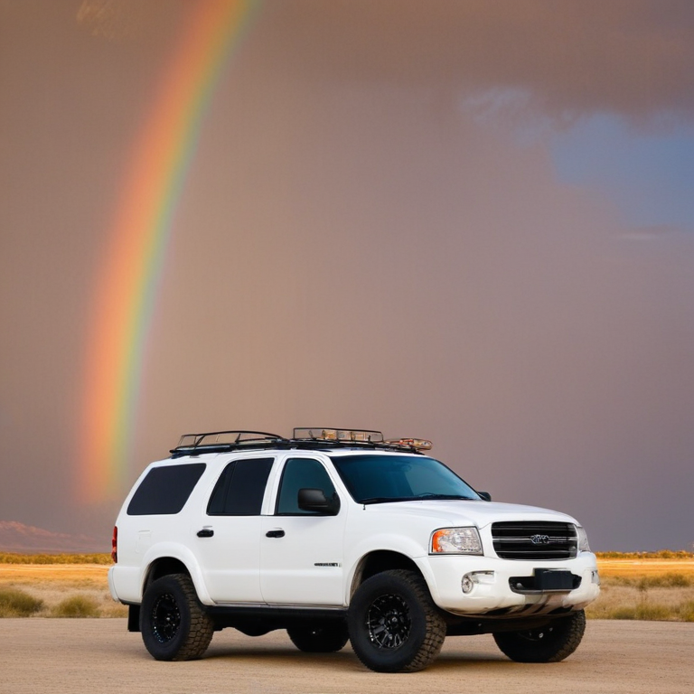 White dodge ram black Ford explorer over rainbow
