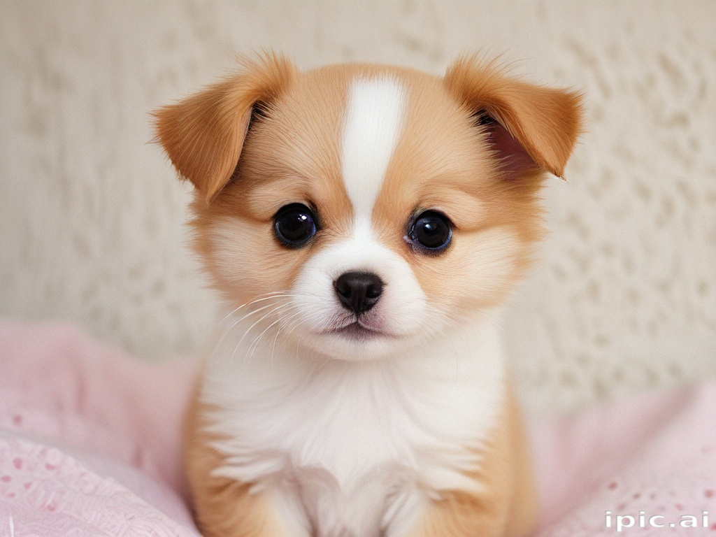 Adorable Puppy with Fluffy Coat and Expressive Eyes Sitting Cutely.