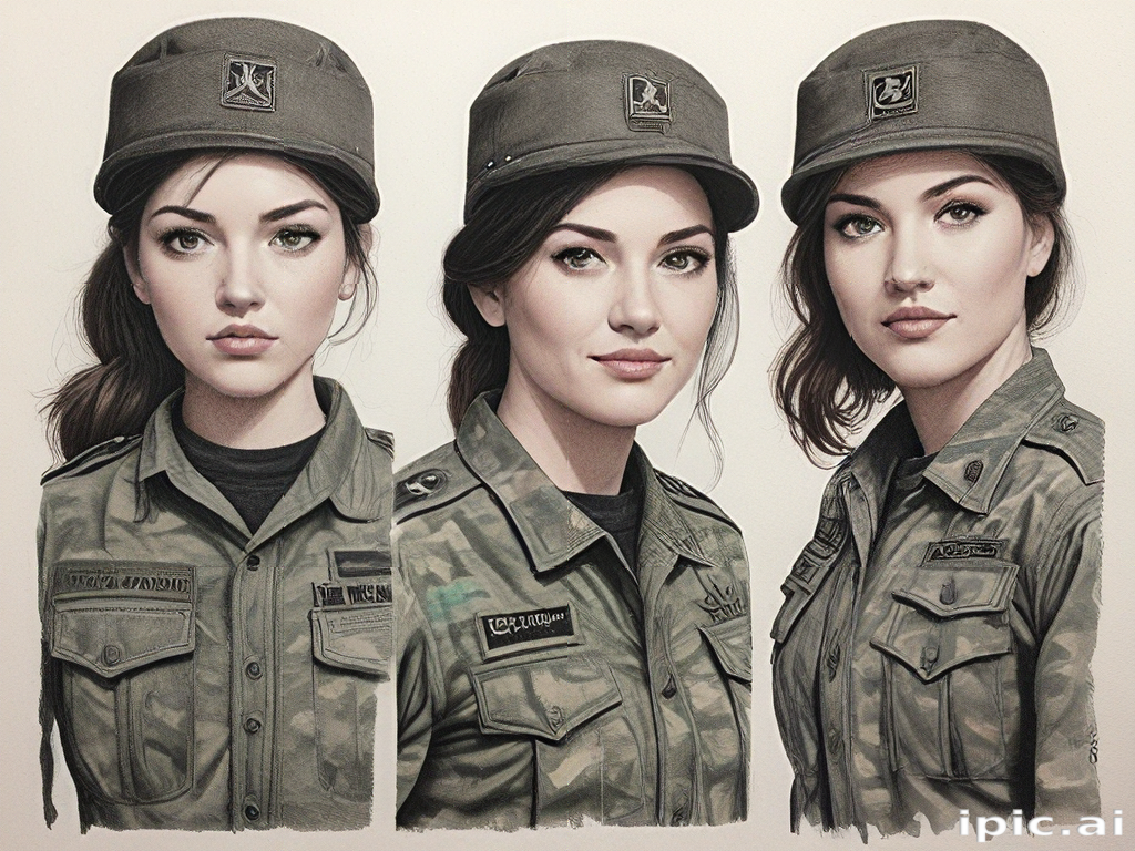 Three Portraits of Confident Young Women in Military Uniforms and Caps.