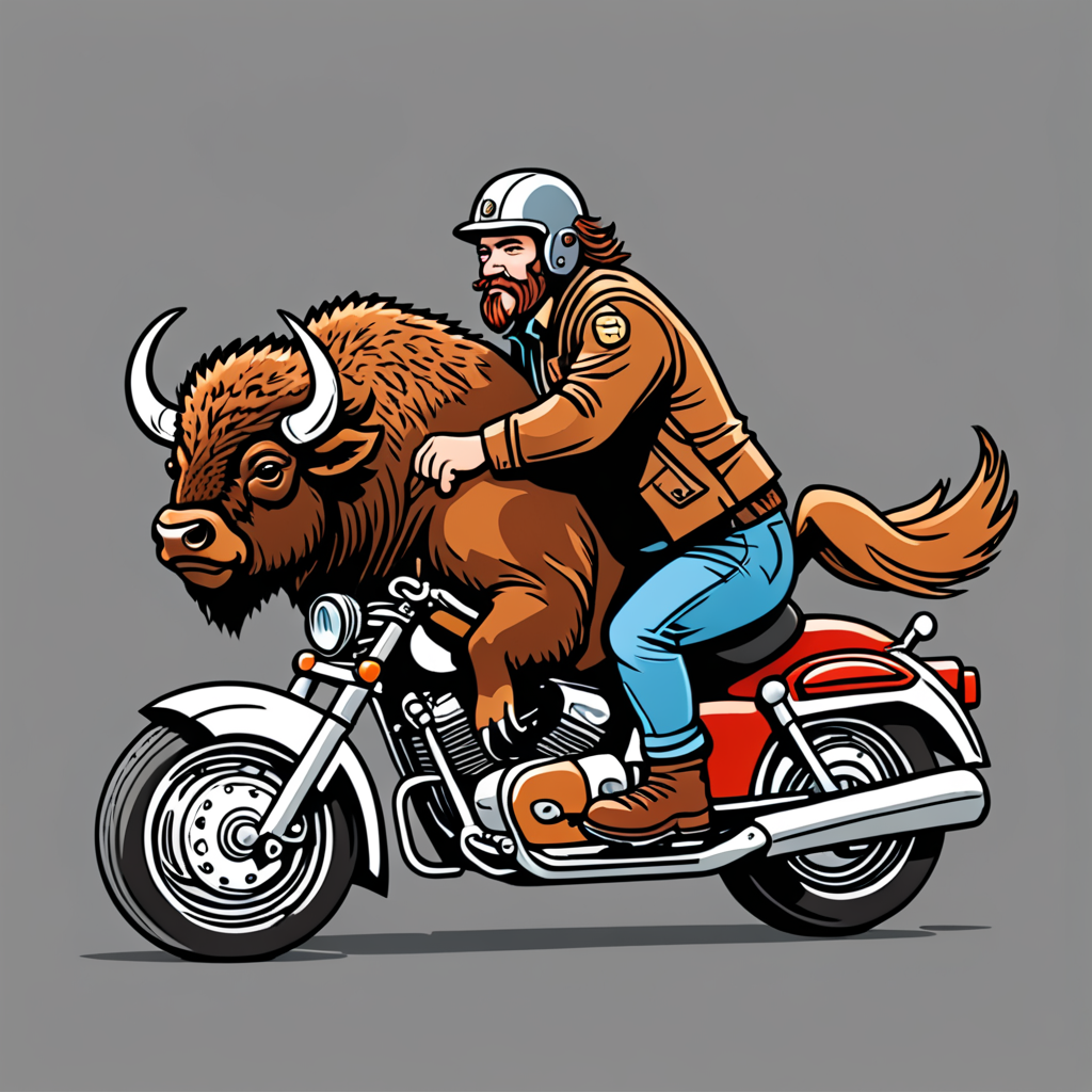 cartoon bison riding a motorcycle back view