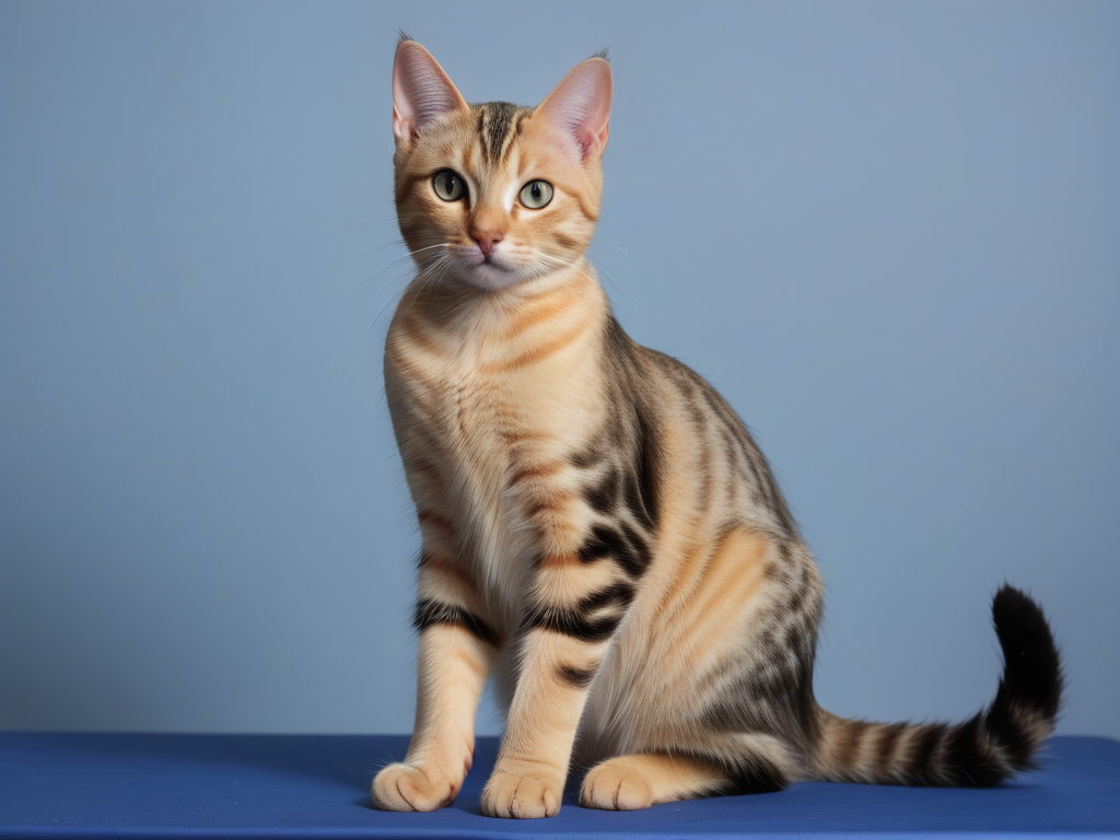 A Strikingly Beautiful Cat Posing Elegantly Against a Soft Blue Background.